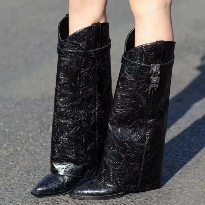 Retro Patent Overlay Knee High Boots Women Wedge Heels Shoes Folded Ov ...