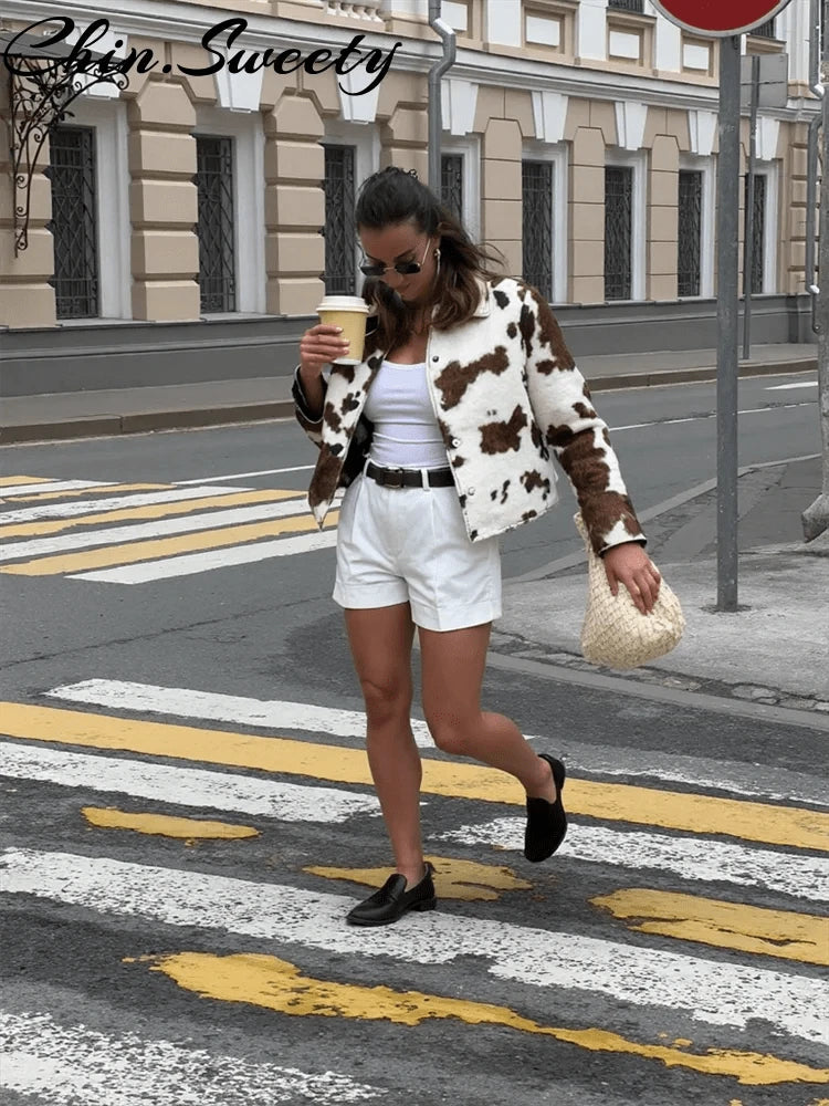Street Leopard Print Women Short Jacket Elegant Lapel Button Long Flar ...