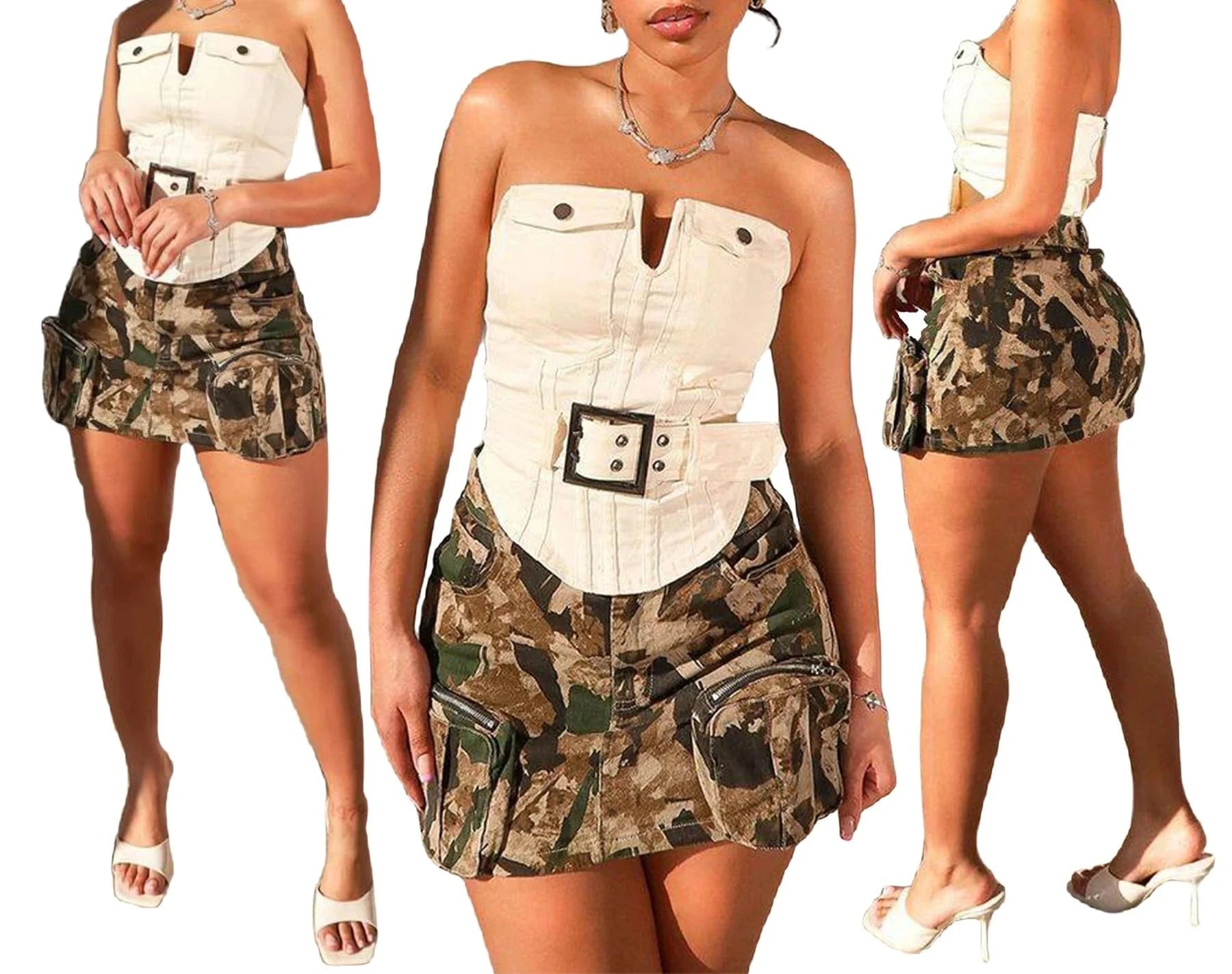 ZHEZHE Camouflage Print Cargo Skirts Stretch Denim Club Outfits 2024 F ...