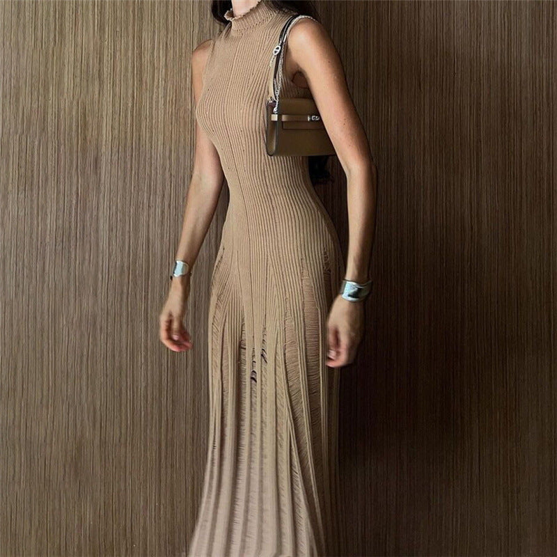 Modest Women Sleeveless Solid Stand Neck Knitted Sweater Bodycon Dress ...
