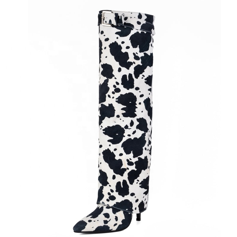 Cow Print Thin High-Heeled Pointed Toe Overlay Shoes Stiletto Pants Bo ...