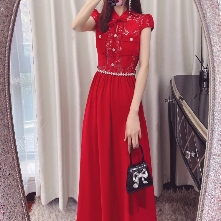Red color Chinese style wedding lace dress long skirt Chinese style ov ...