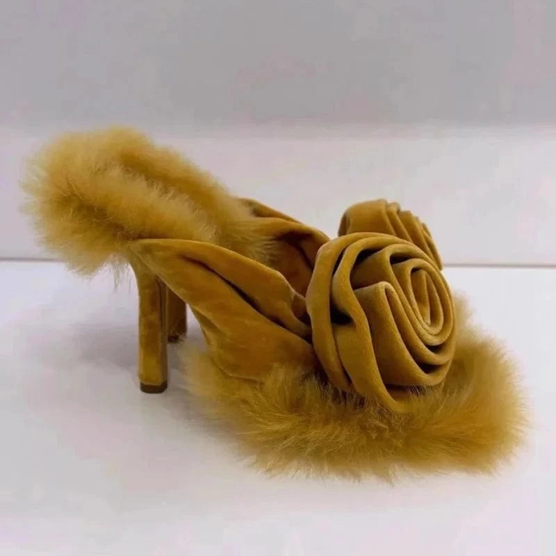 yellow suede materials women fluffy slides high heeled mule sandals wi ...